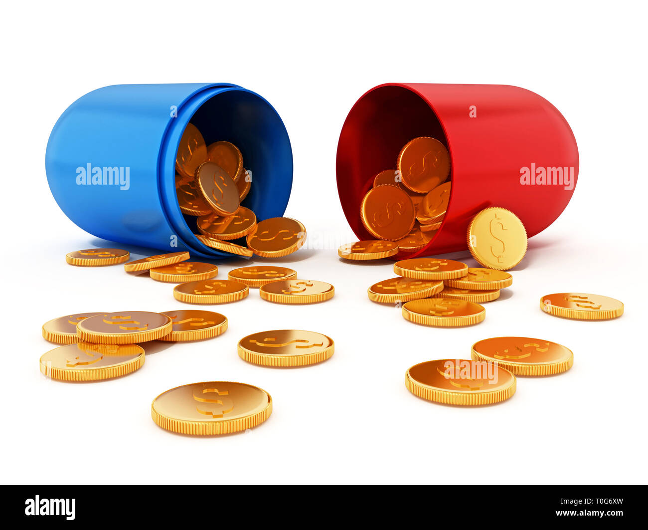 Gold coins inside open red and blue pill. 3D illustration Stock Photo ...