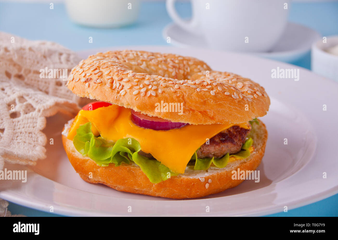 Fresh healthy bagel sandwich on the plate Stock Photo - Alamy