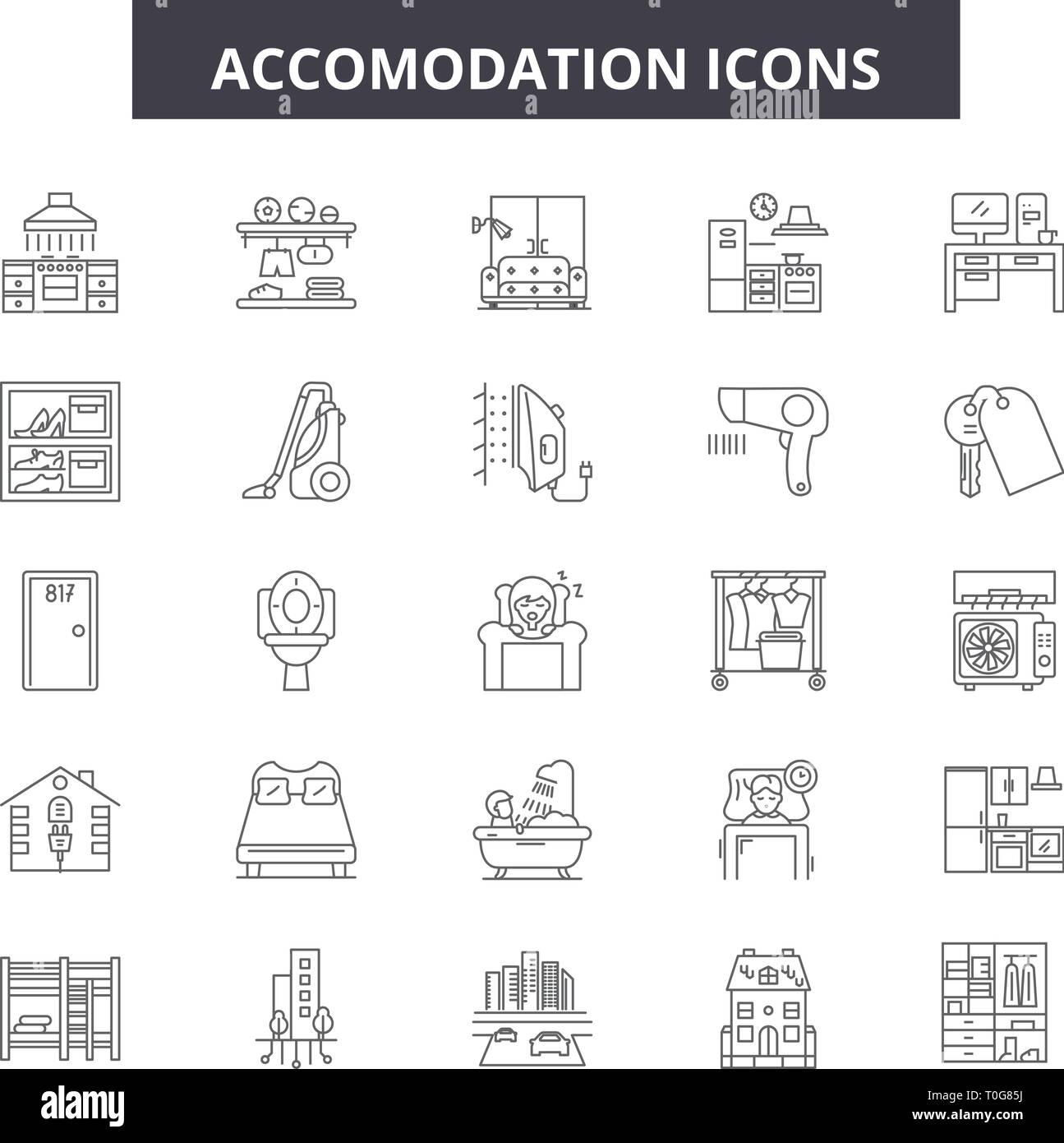 Accomodation line icons. Editable stroke signs. Concept icons: travel ...