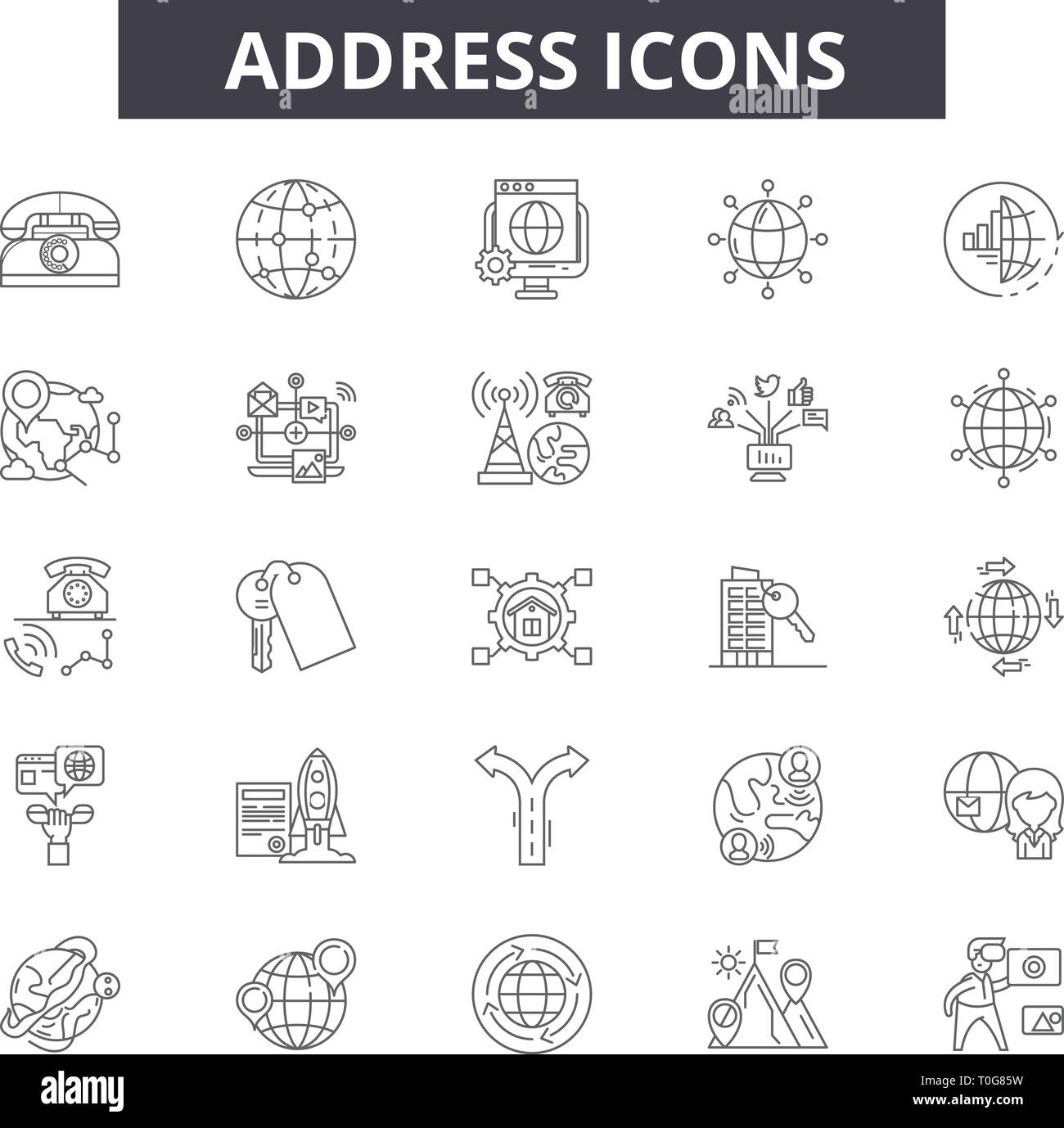 Address line icons. Editable stroke signs. Concept icons: internet ...