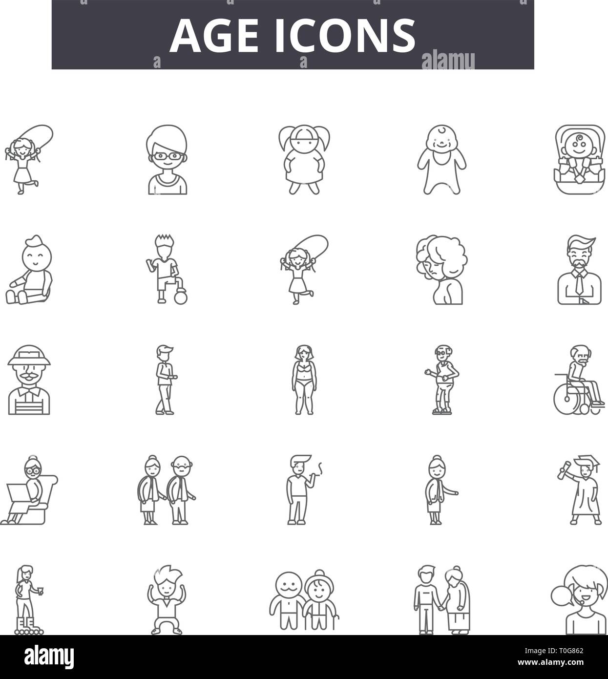 Age line icons. Editable stroke signs. Concept icons: woman, female ...