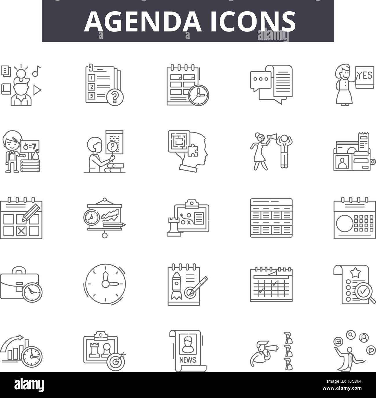Agenda line icons. Editable stroke signs. Concept icons: meeting ...
