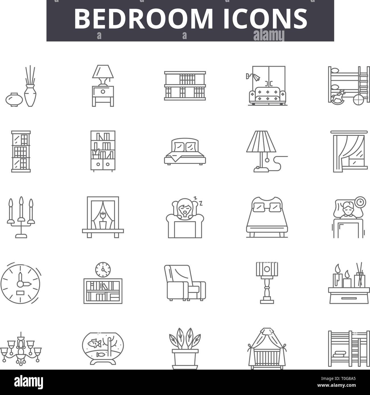 Bedroom line icons for web and mobile design. Editable stroke signs ...