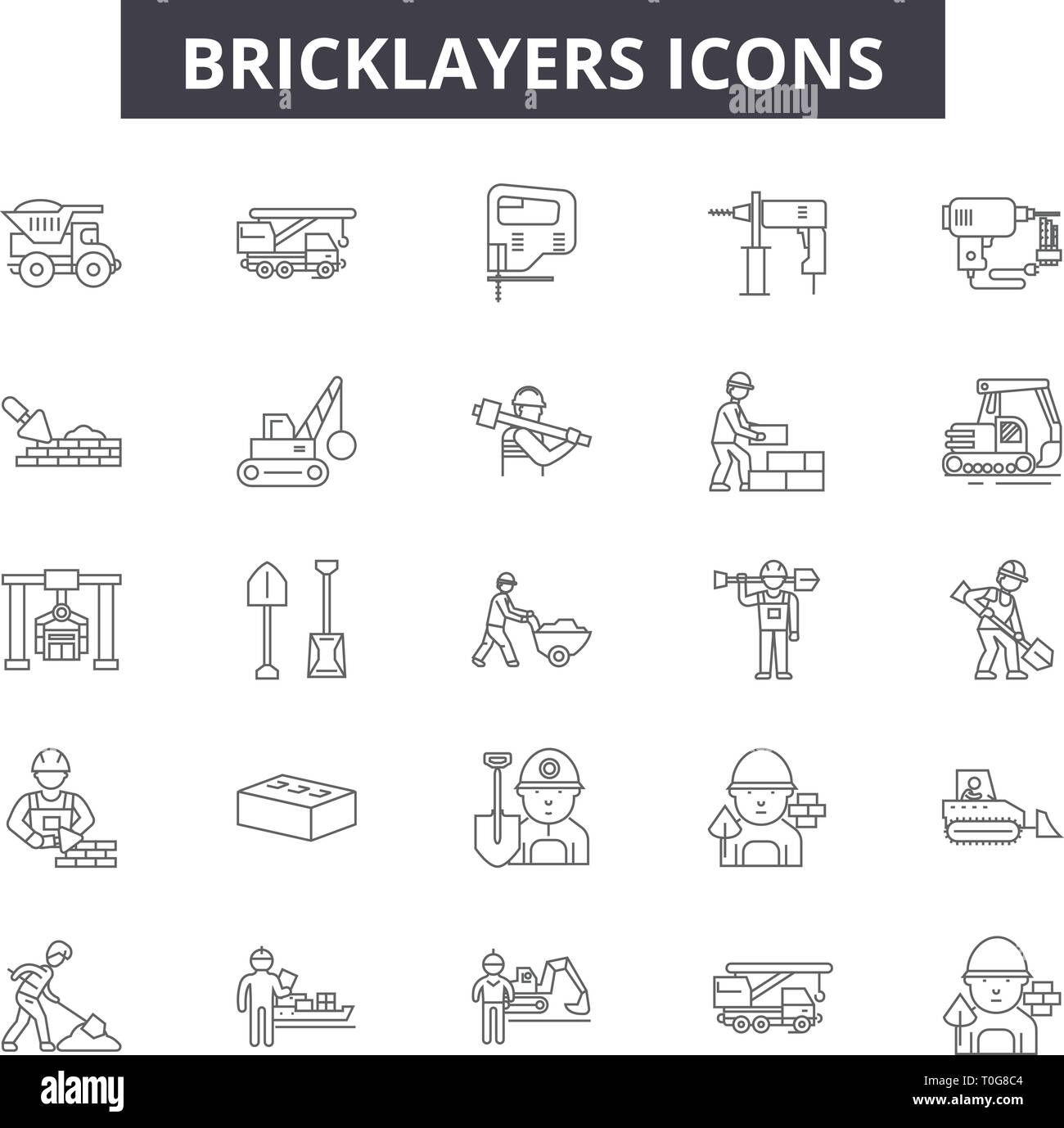 Bricklayers line icons for web and mobile design. Editable stroke signs ...