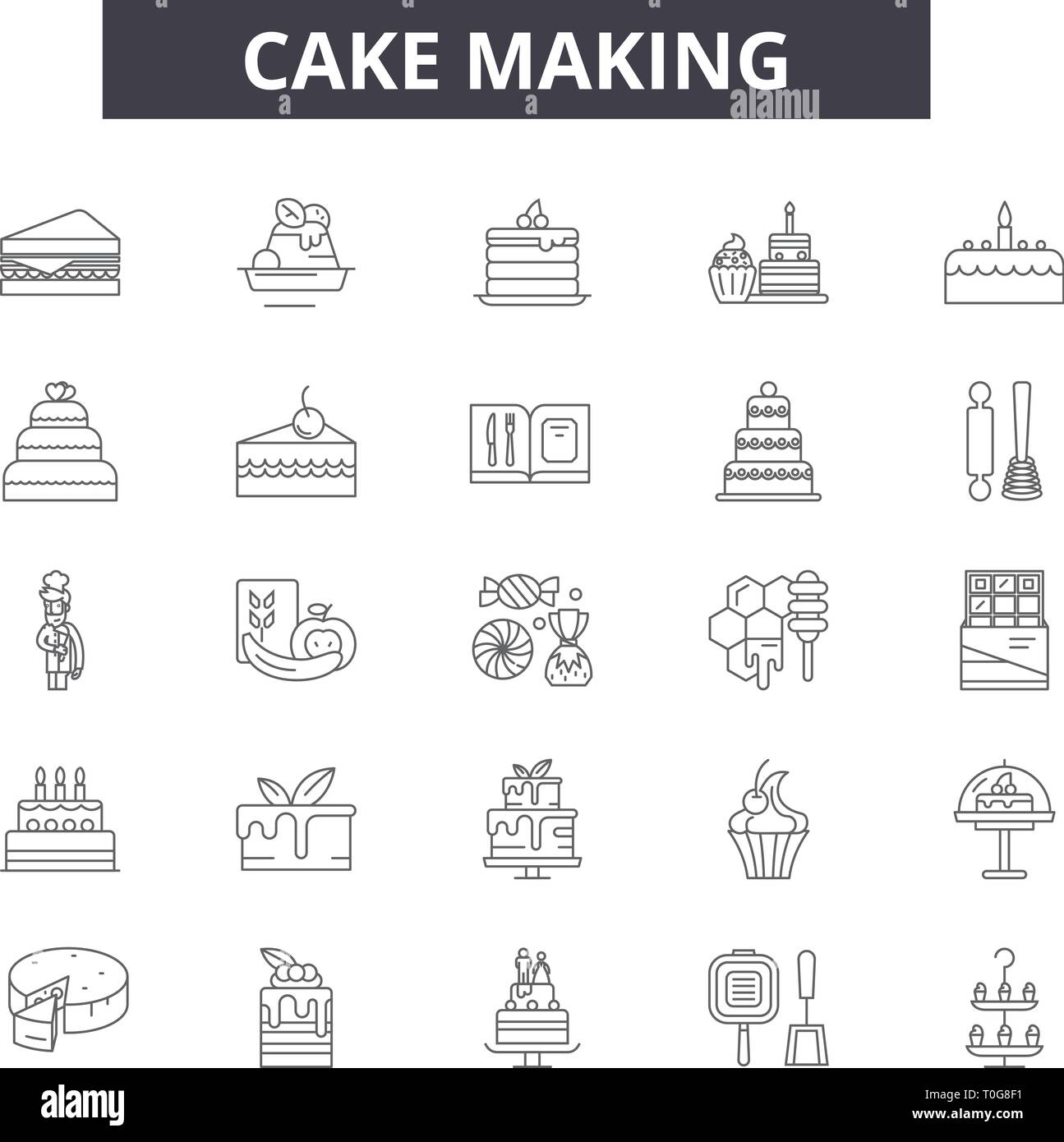 Cake making line icons for web and mobile design. Editable stroke signs ...