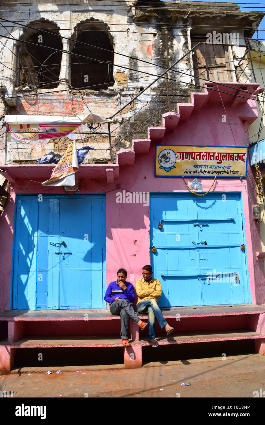 Contemplation after shutting up shop, Bundi, Rajasthan, India Stock ...