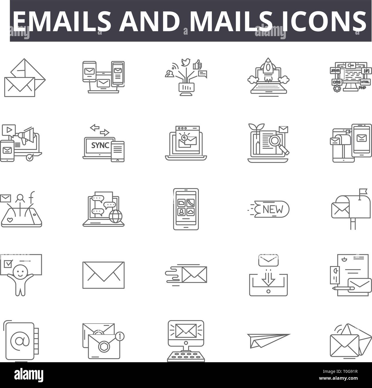 Emails and mails line icons for web and mobile design. Editable stroke ...