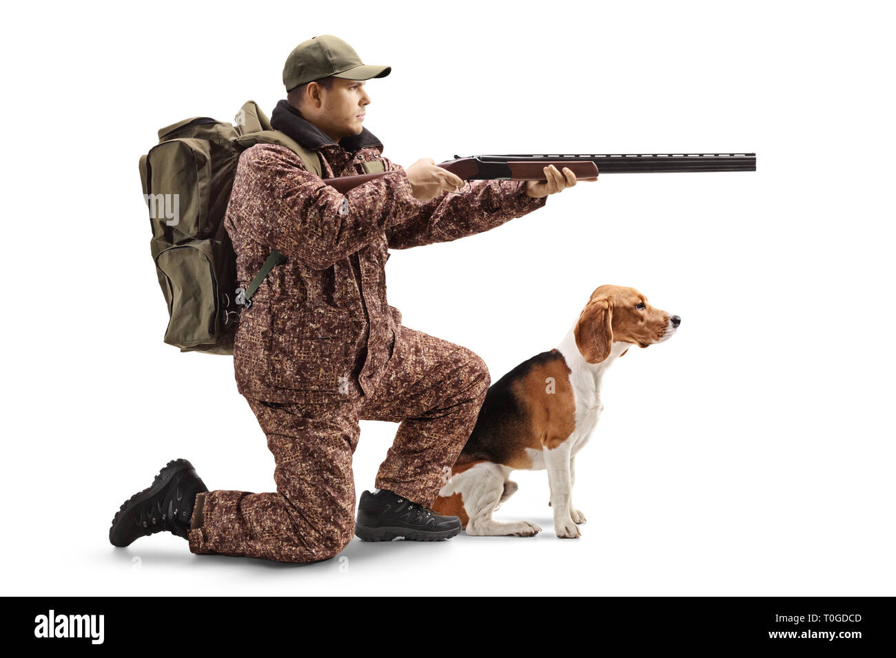 Full length shot of a hunter kneeling with a shotgun and a beagle dog ...