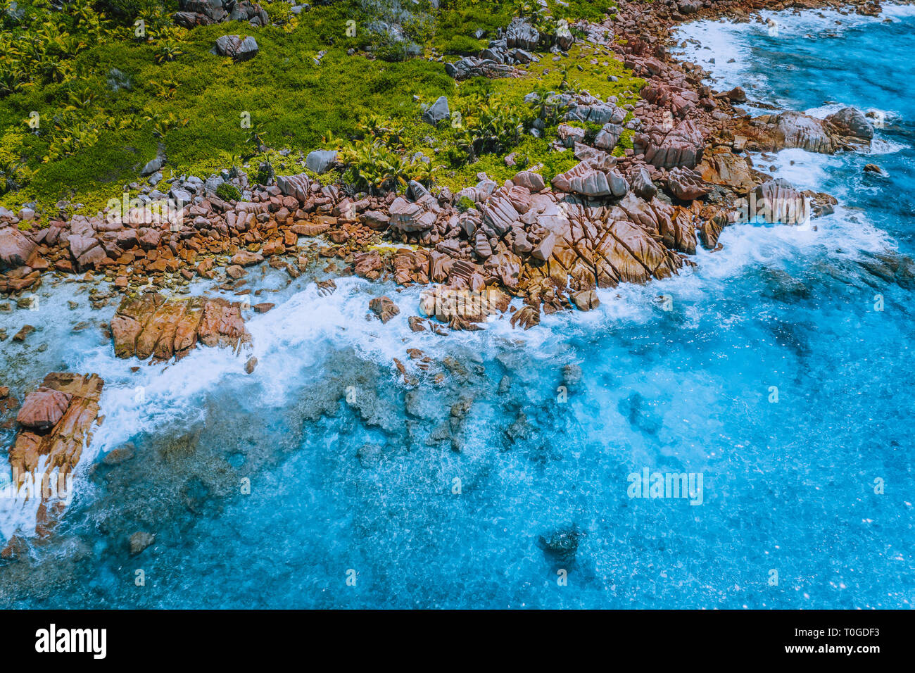 Aerial drone photo of Seychelles tropical hidden secret beach Marron at ...