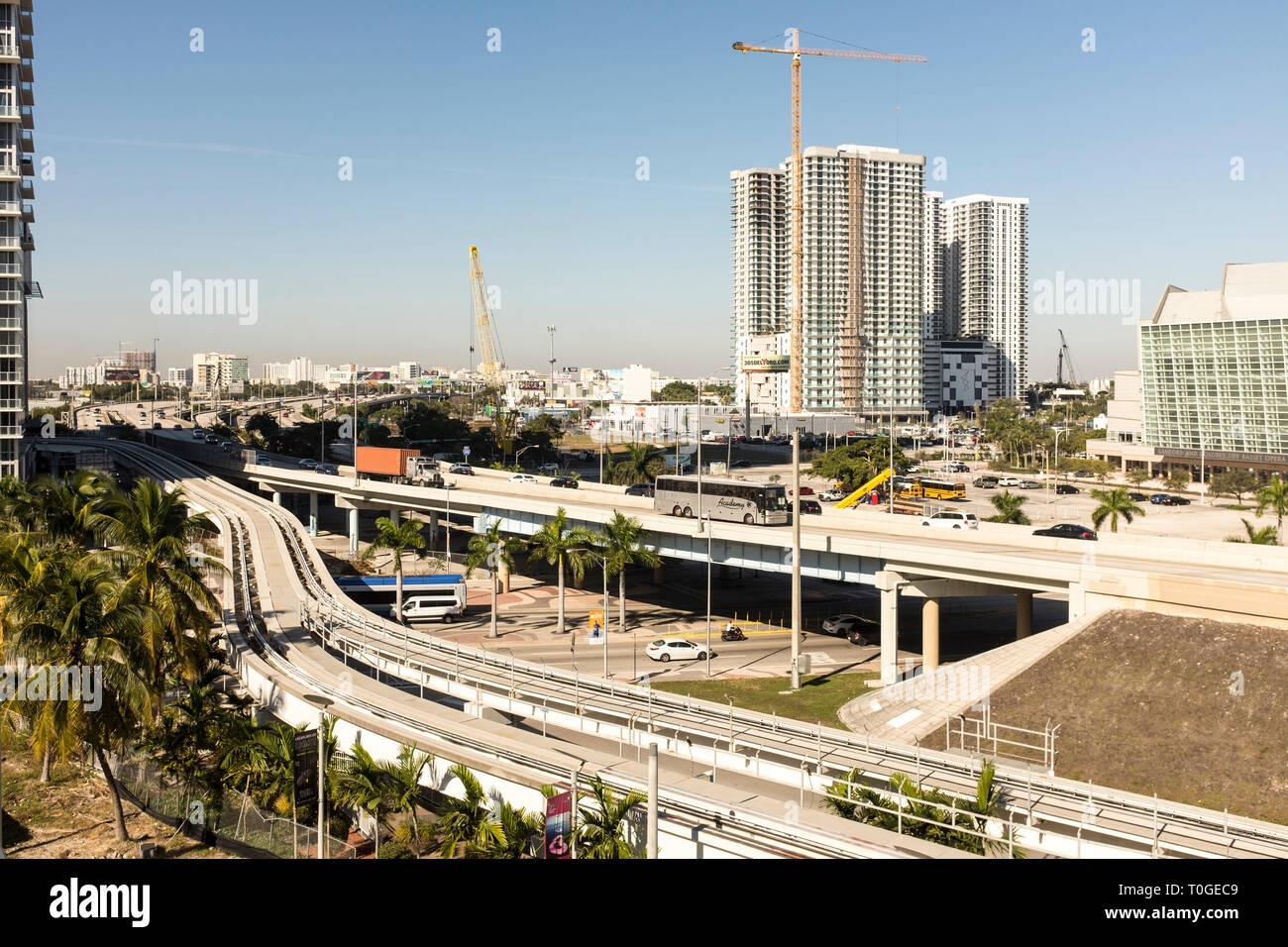 Looking over the highway at buildings under construction in Miami ...
