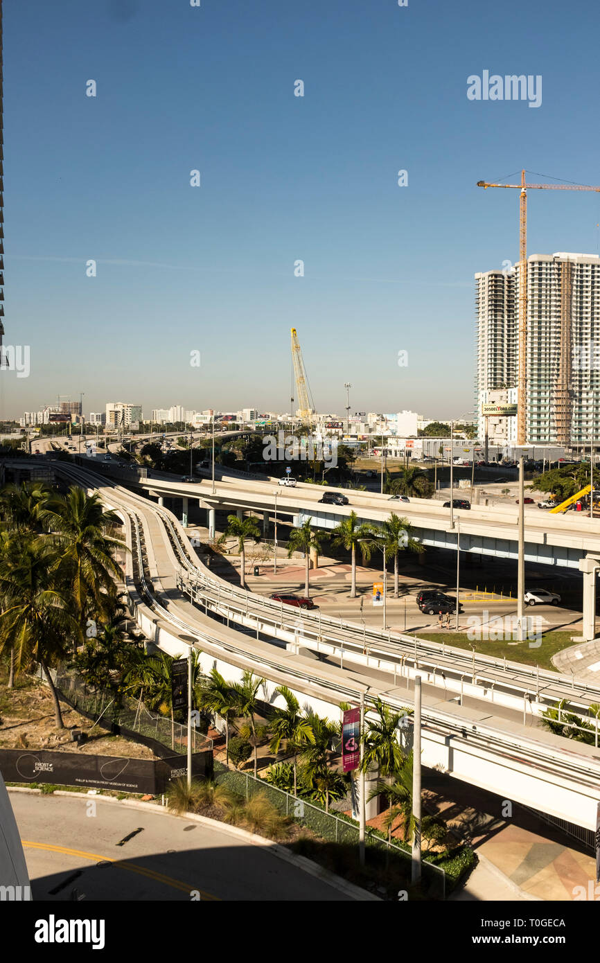 A view over the highway at buildings under construction in Miami ...