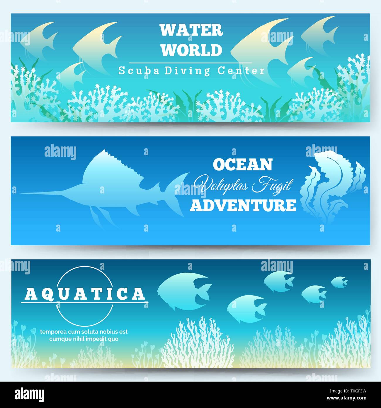 Underwater scene banners. Ocean under decoration banner set with fishes ...