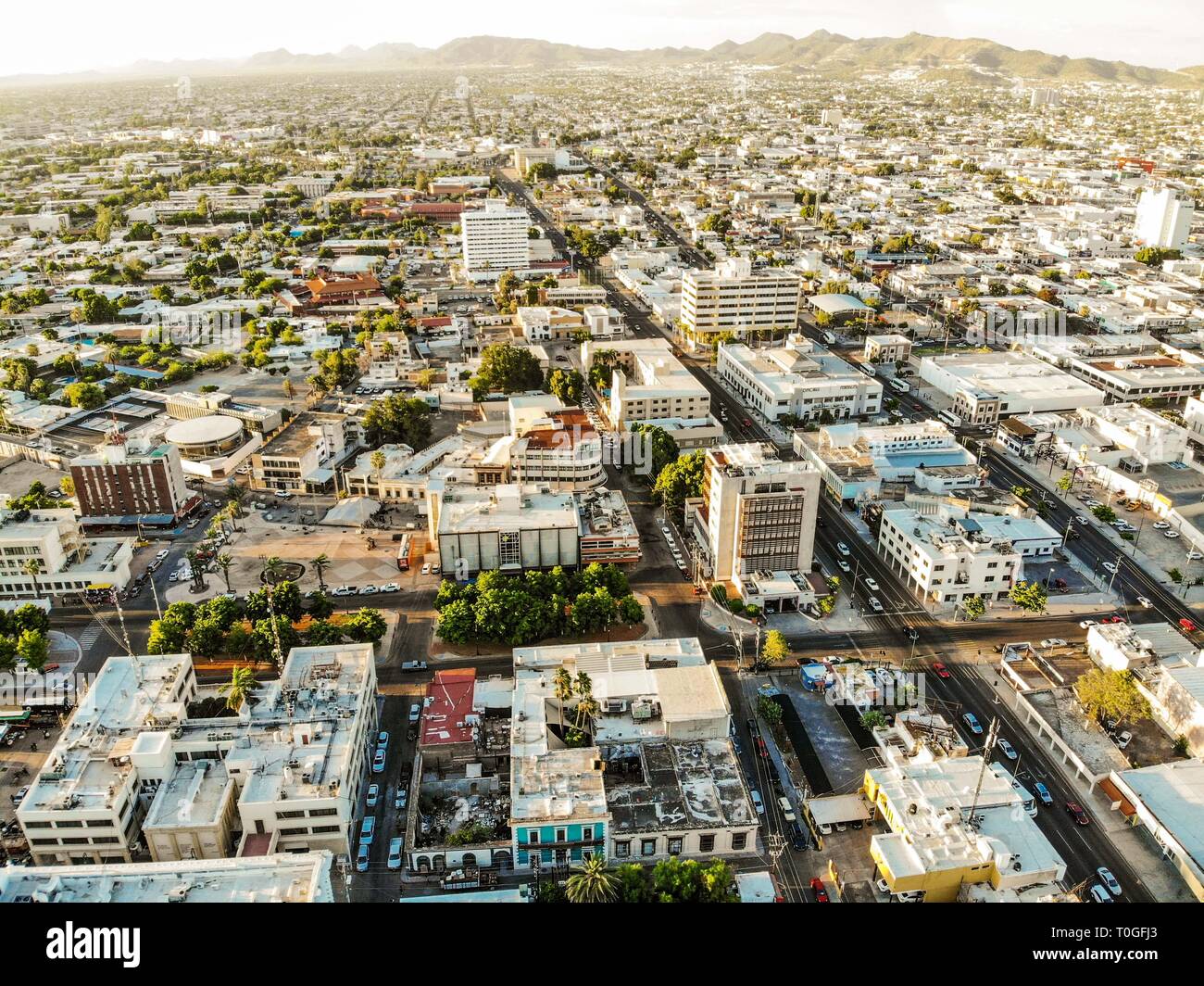 Aerial view of downtown Hermosillo, Sonora. Vista aerea del centro de ...