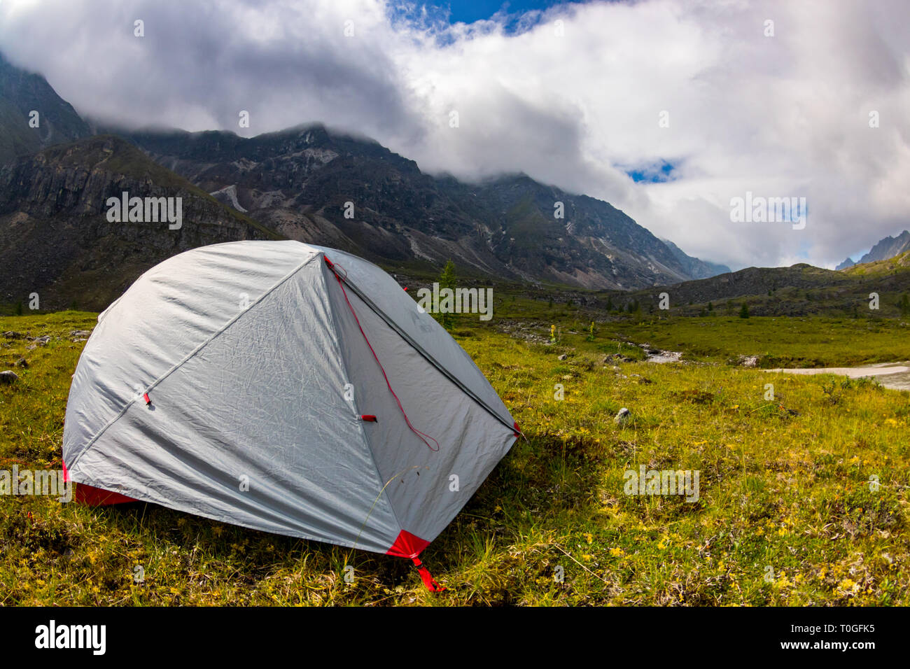 Gray tent stands in a meadow in the mountains near the lake in a ...