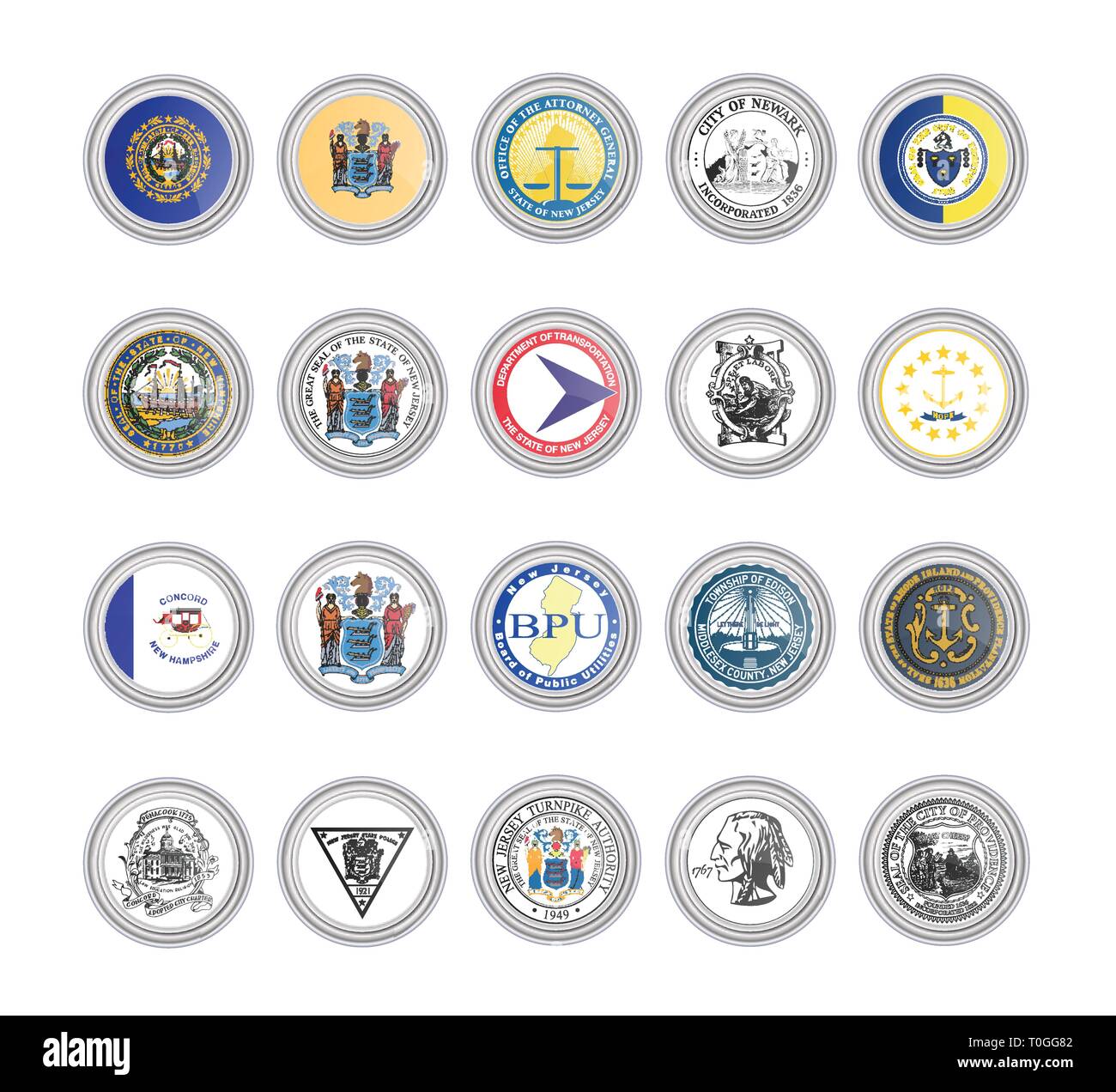 Set of vector icons. Flags and seals of New Hampshire and New Jersey ...