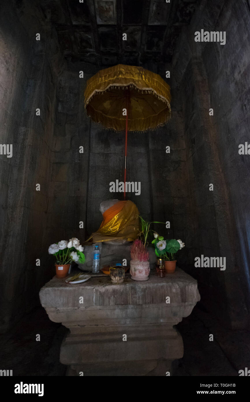 An altar in the small Thommanon Khmer temple at Angkor in Siem Reap ...