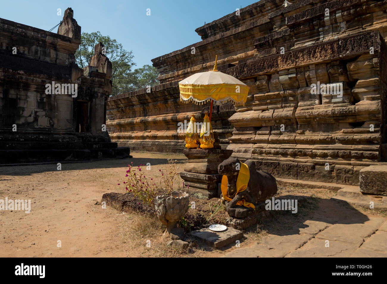 A prayer spot, complete with stone cow, bull at Ta Keo Khmer temple at ...