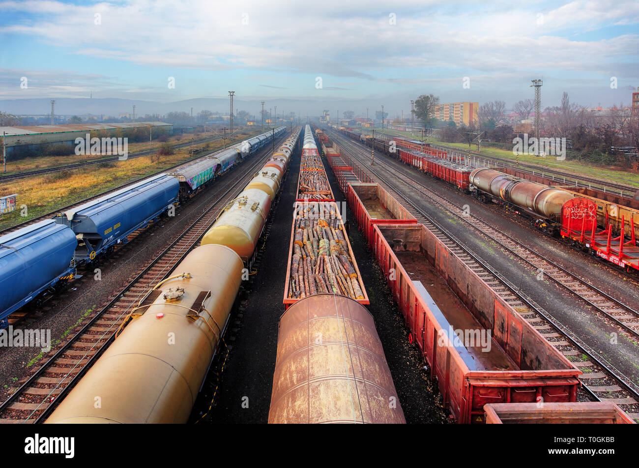 Railway station freight trains, Cargo transport Stock Photo - Alamy