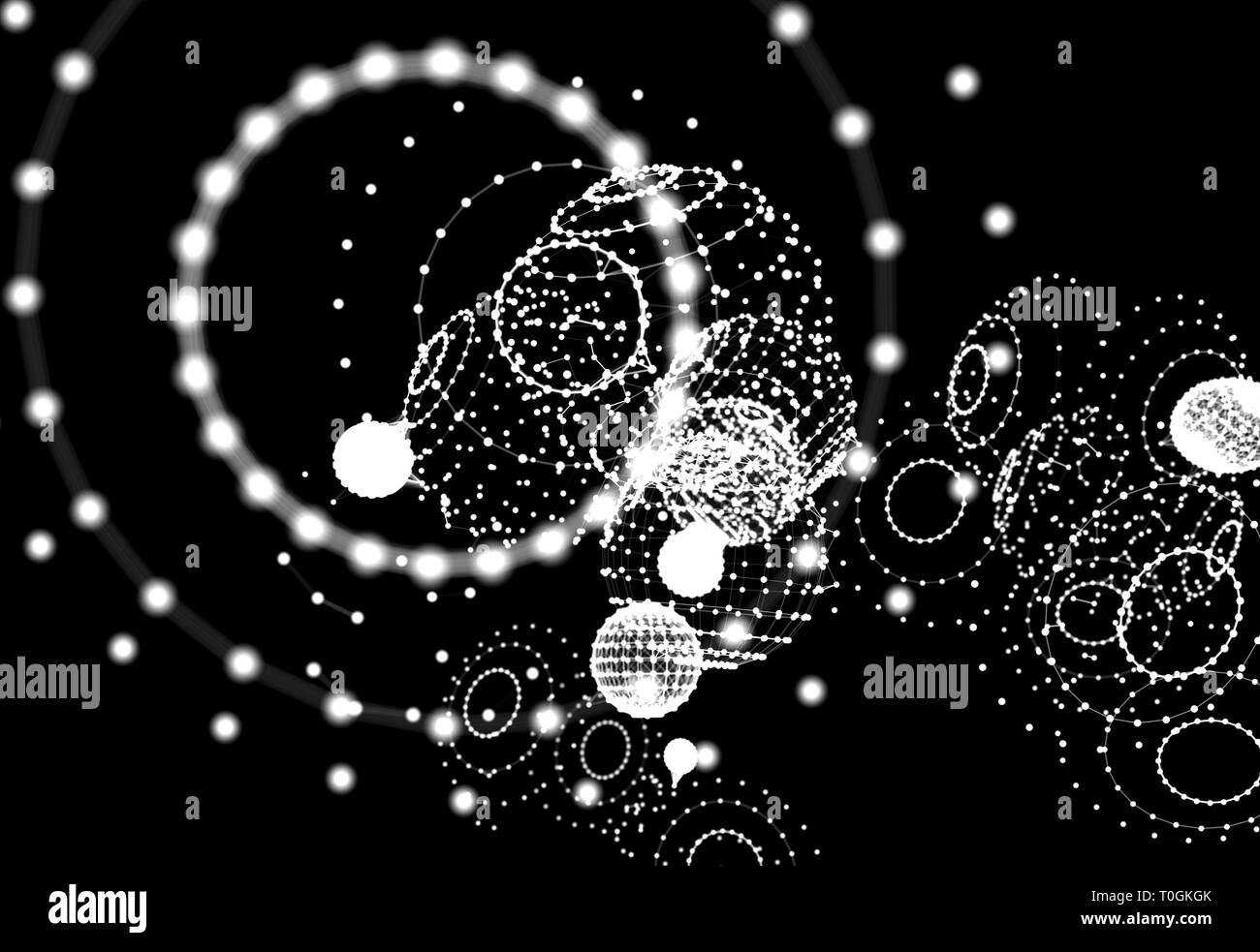 Abstract group of spheres, dots and lines connected to the grid. 3D ...