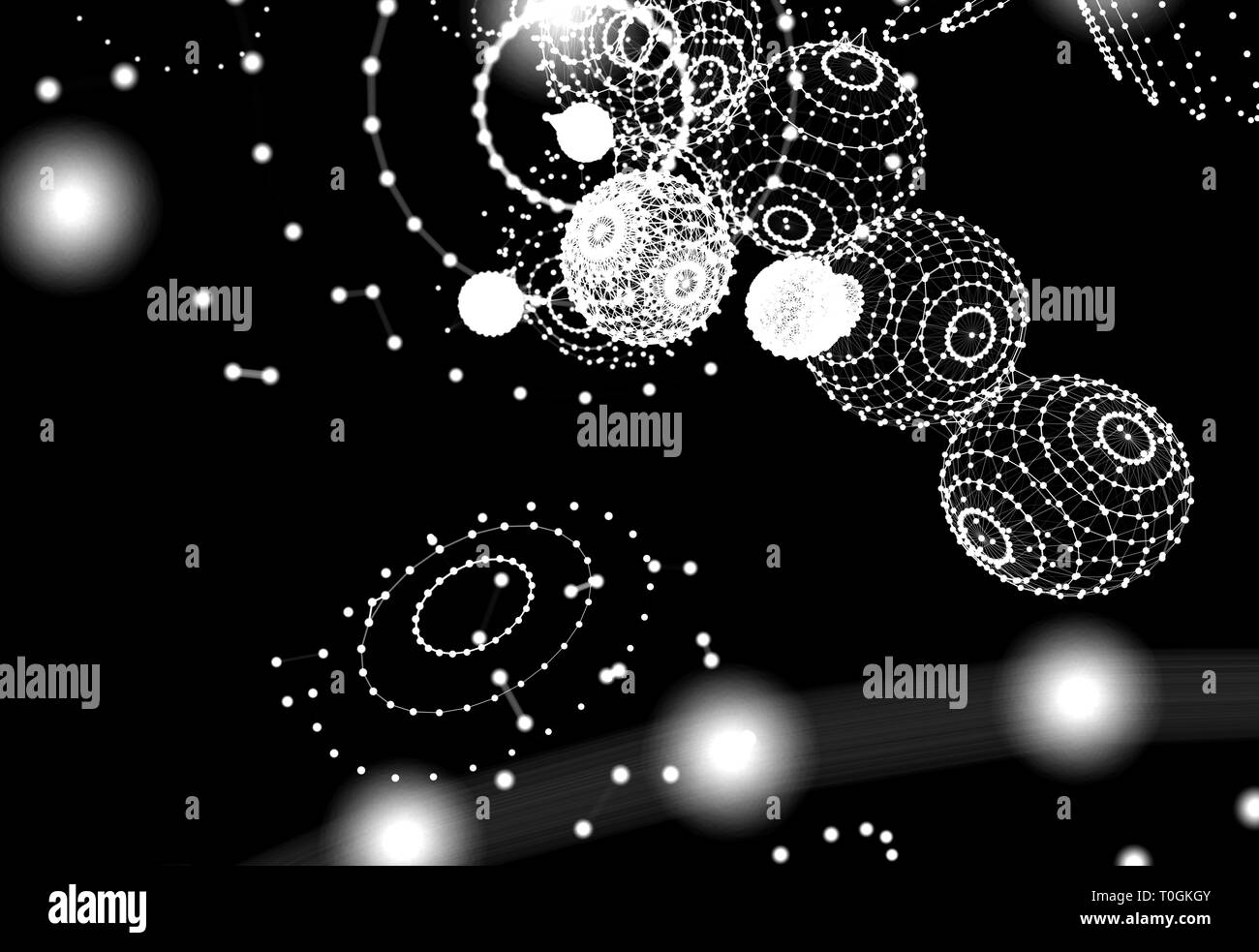 Abstract group of spheres, dots and lines connected to the grid. 3D ...