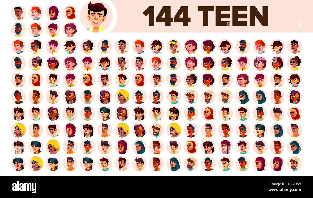 Teenager Avatar Set Vector. Girl, Guy. Multi Racial. Face Emotions ...