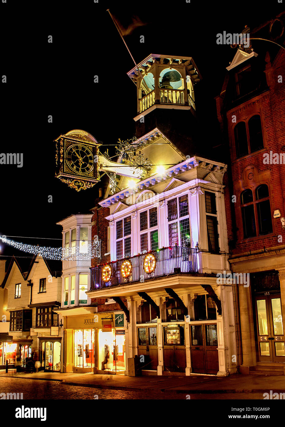The Guildhall and Town clock, Guildford, Surrey, illuminated at night ...