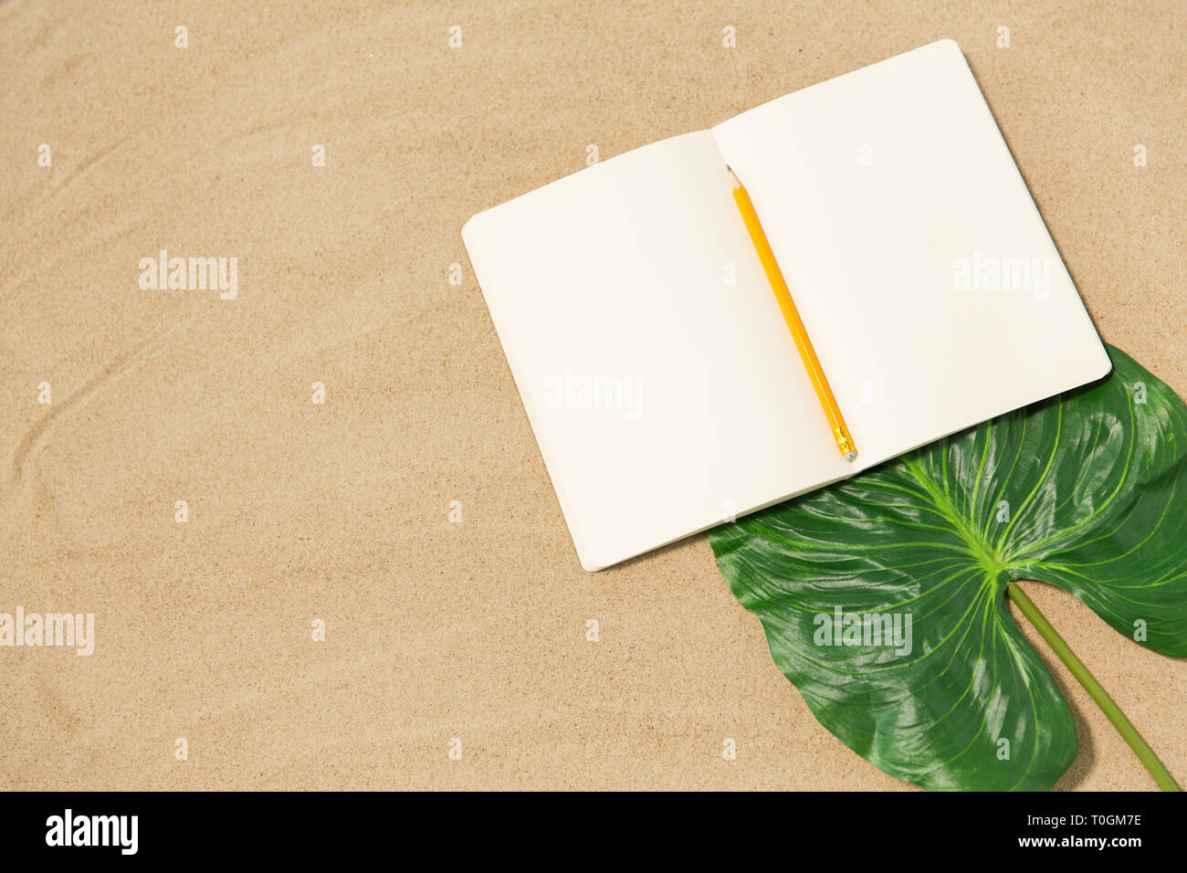 notebook with pencil and leaf on beach sand Stock Photo - Alamy