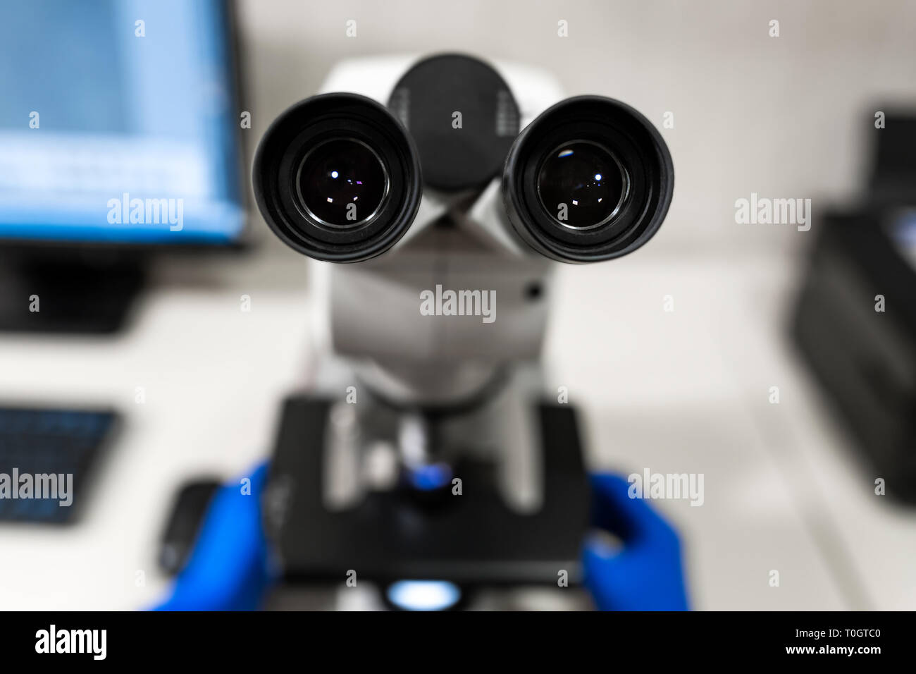 Closeup point of view of laboratory assistant looking through ...