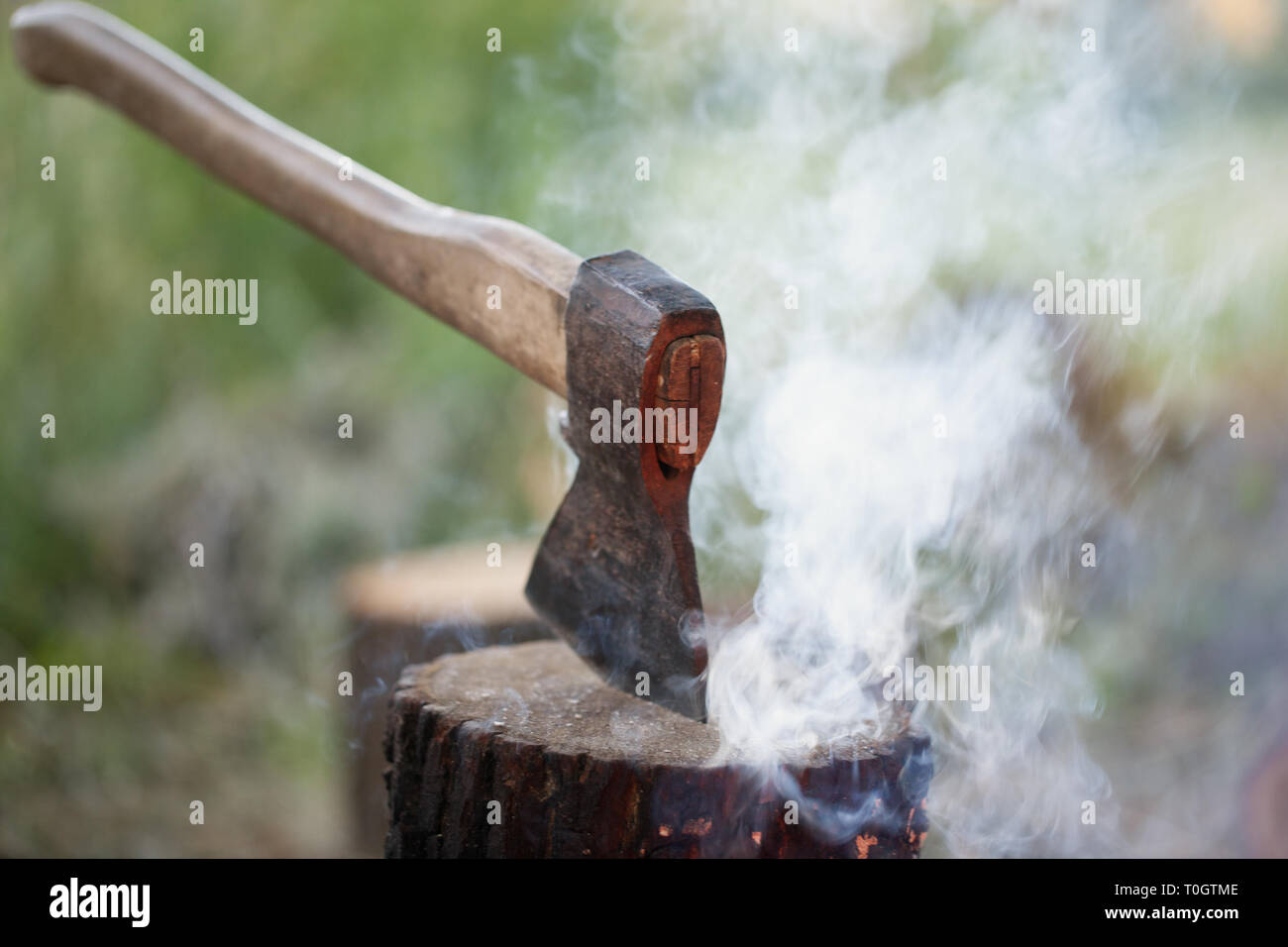 Axe in tree stump hi-res stock photography and images - Alamy