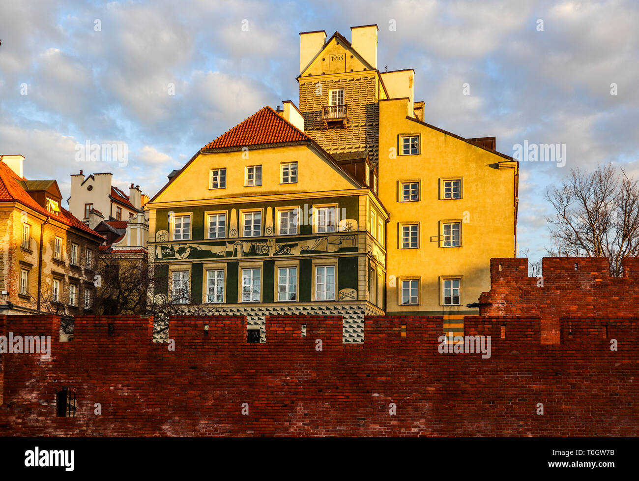 Historic buildings and red brick walls of Warsaw Barbican Poland at ...