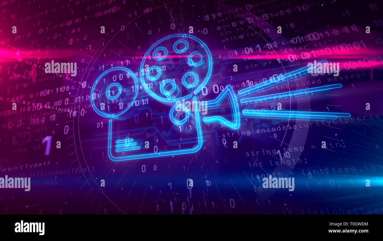 Retro movie projector hologram on digital background. 5G, TV ...