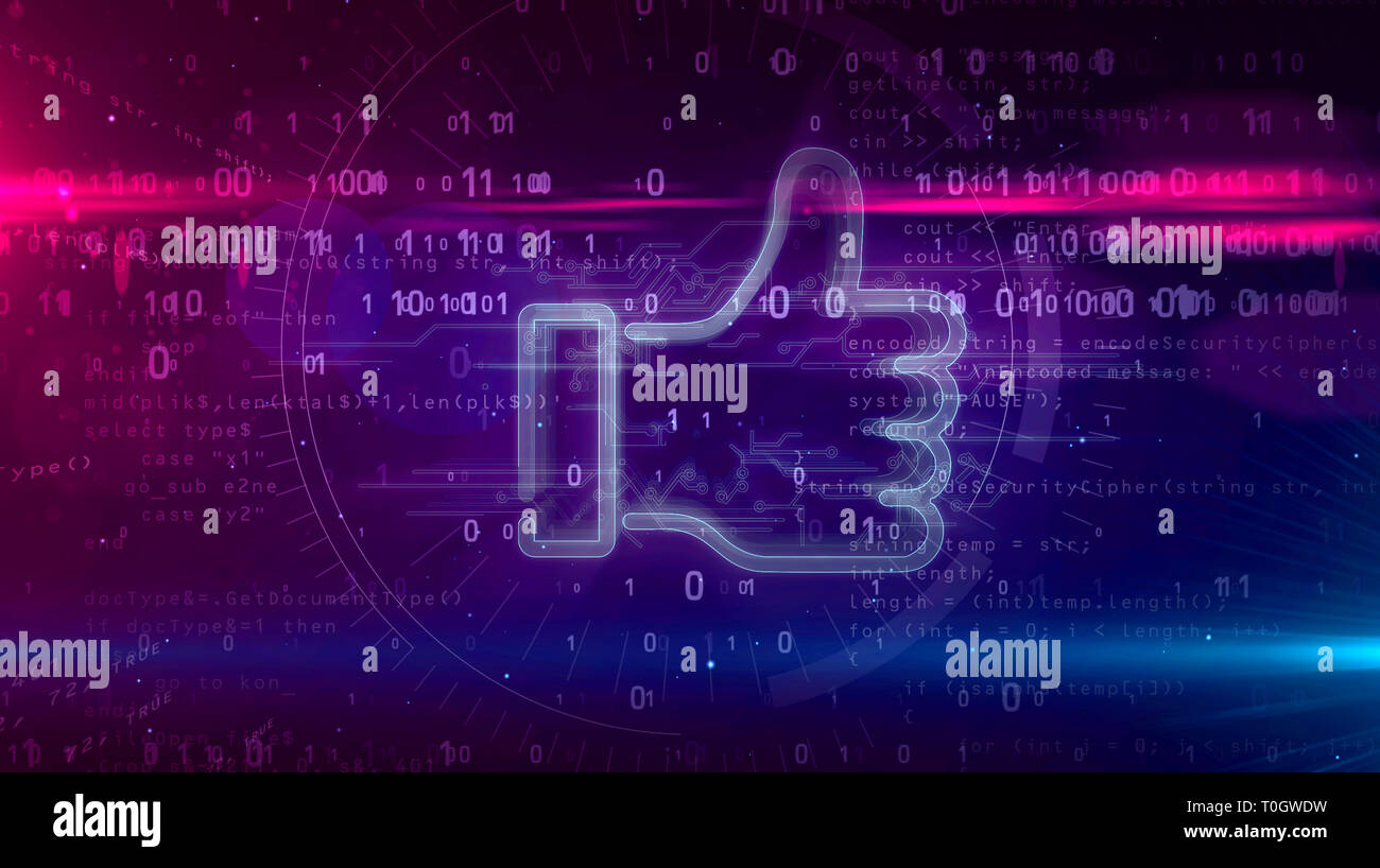 Thumb up sign hologram on digital background. Like hand symbol, success ...