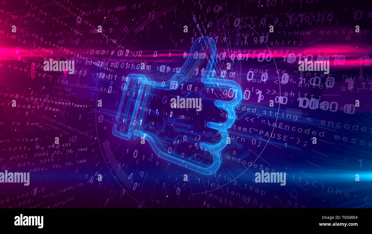 Thumb up sign hologram on digital background. Like hand symbol, success ...