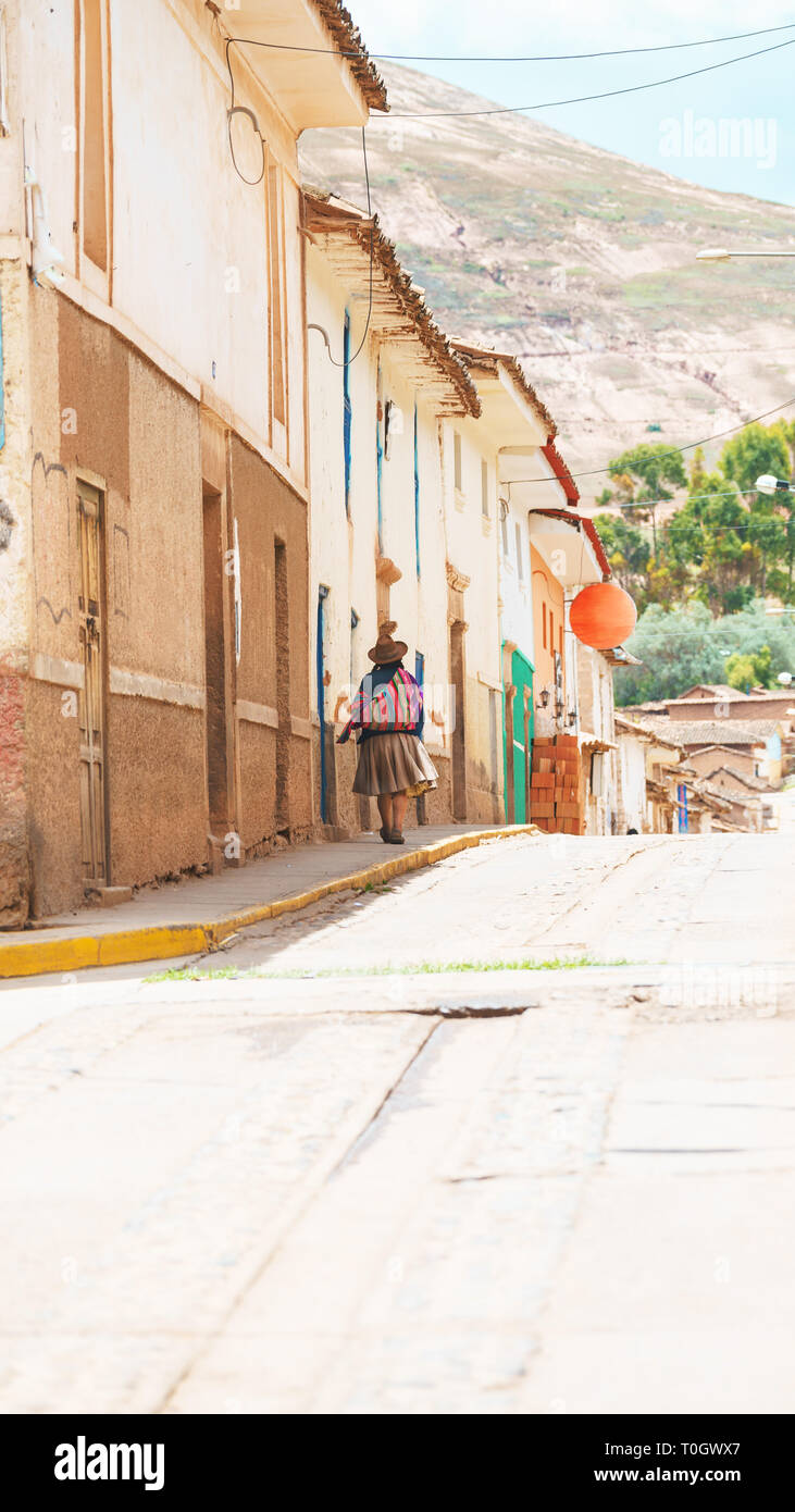 Traditional peruvian women on the street Maras, Cusco, Peru Stock Photo ...