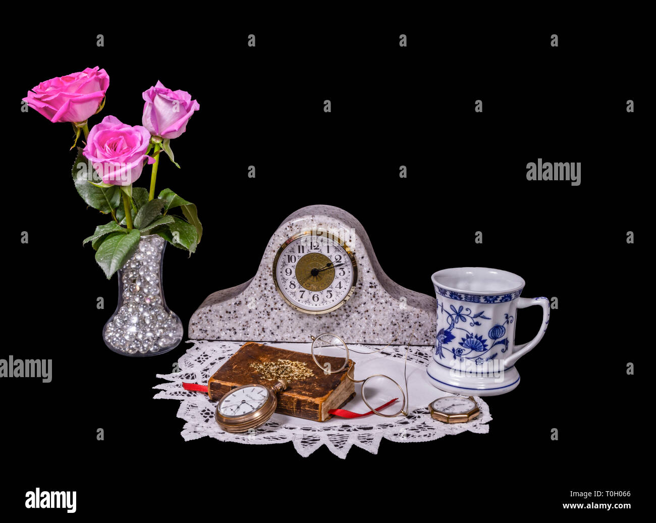 Antique Vignette with Pink Roses, Bible and Blue and White Mustache Cup ...