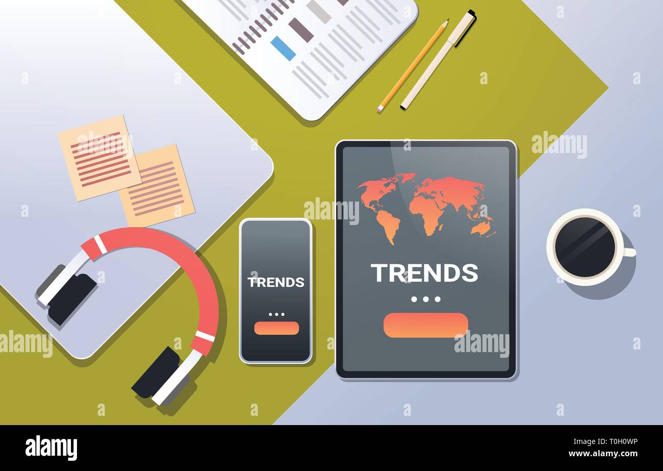 mobile application world global trends concept top angle view desktop ...
