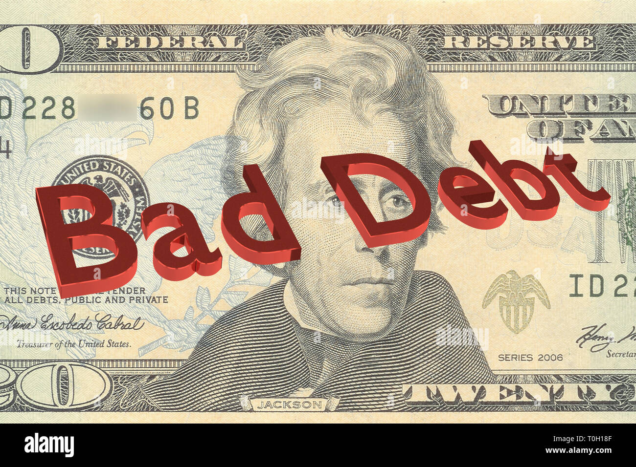 3D illustration of Bad Debt title on Twenty Dollars bill as a ...