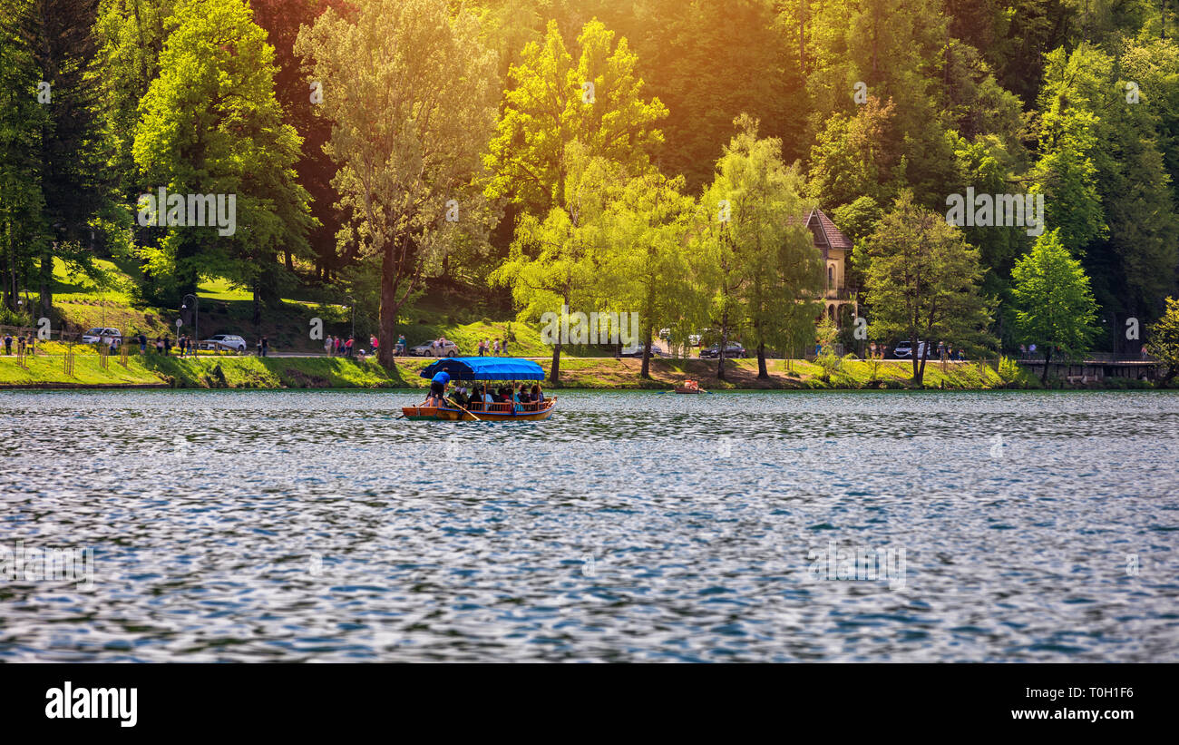 Iconic Bled scenery. Boats at lake Bled, Slovenia, Europe. Wooden boats ...