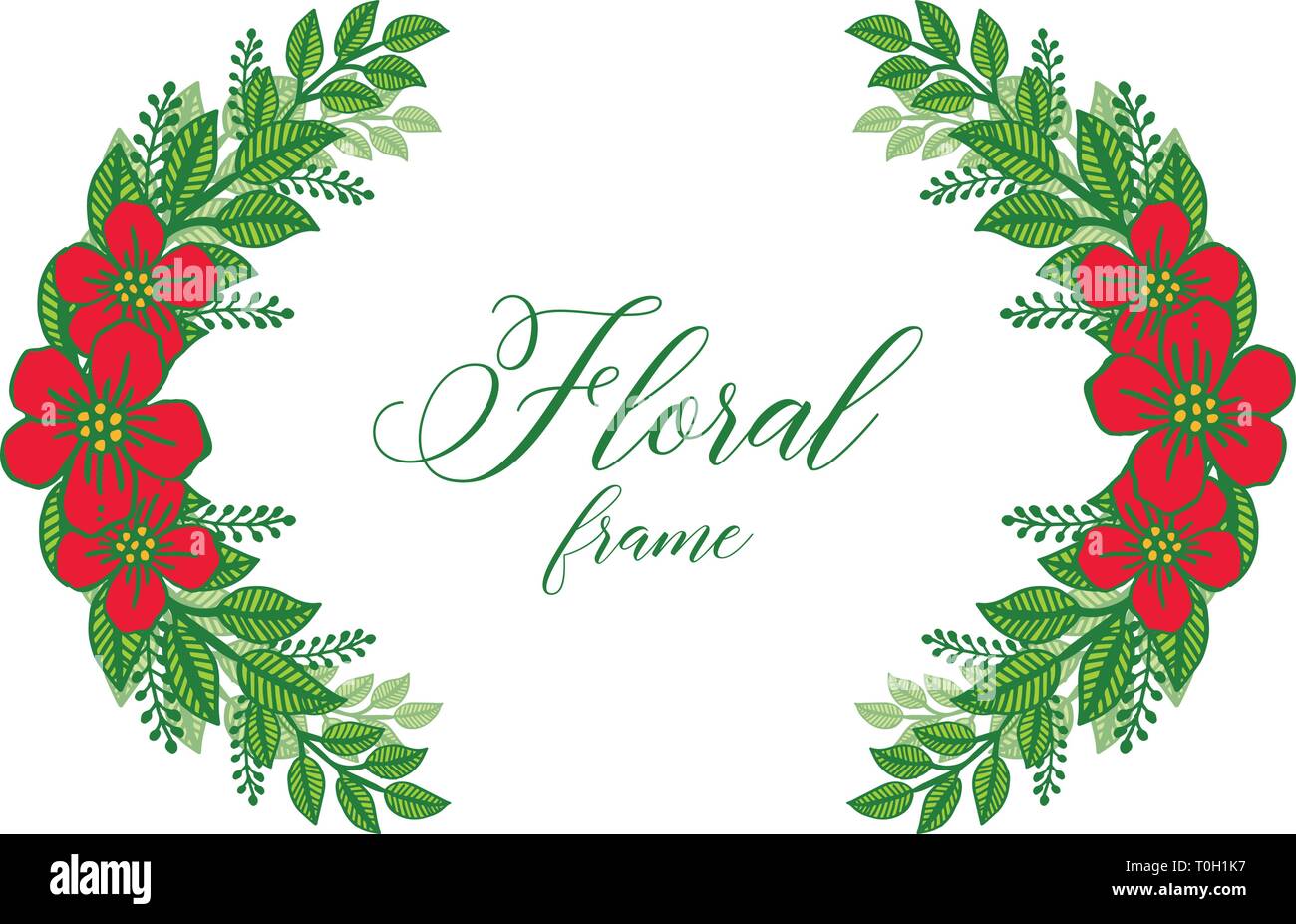 Vector illustration shape green leaves with red floral frame hand drawn ...