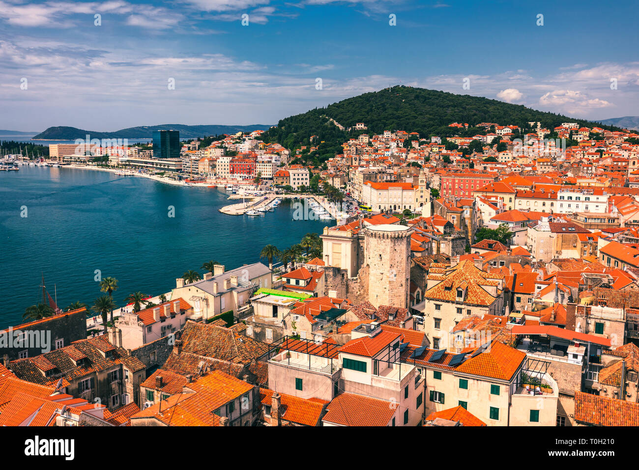 Split waterfront and Marjan hill aerial view, Dalmatia, Croatia ...