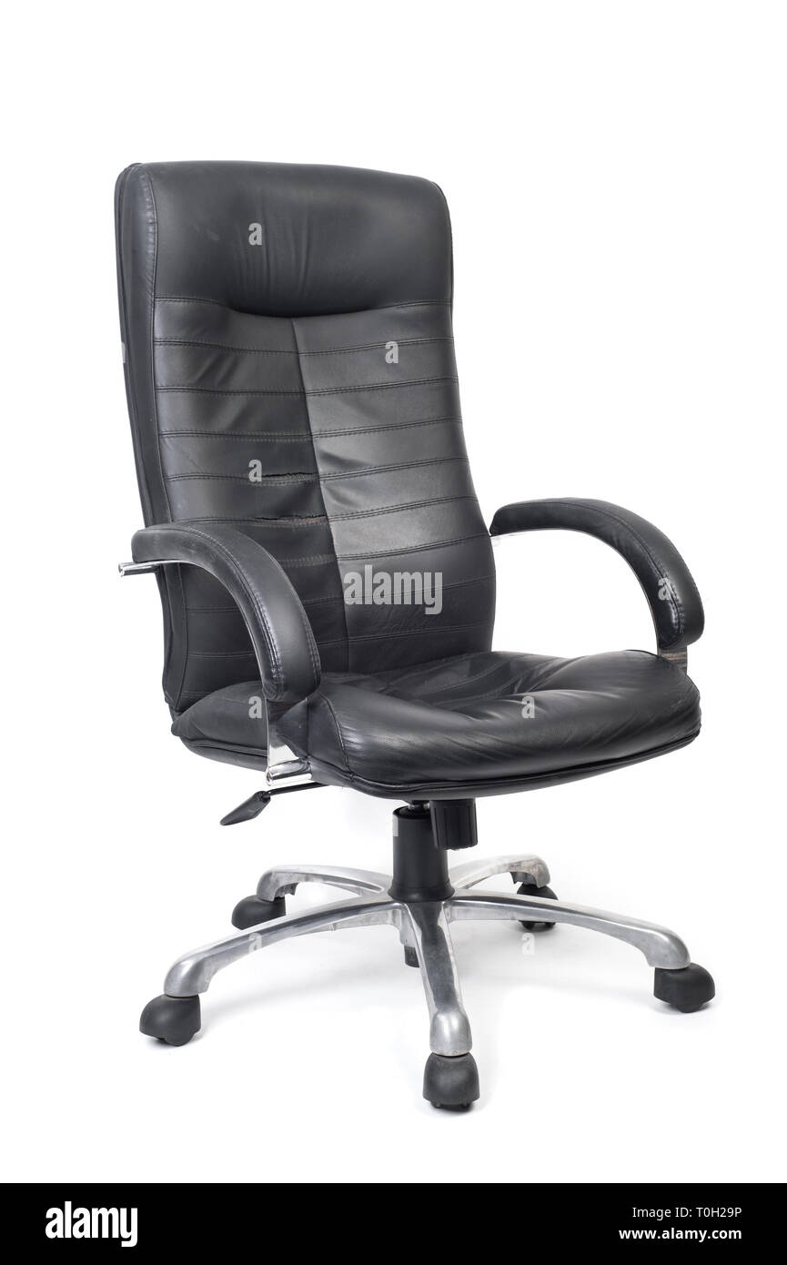 Old used black leather chair with wheels isolated on white Stock Photo ...