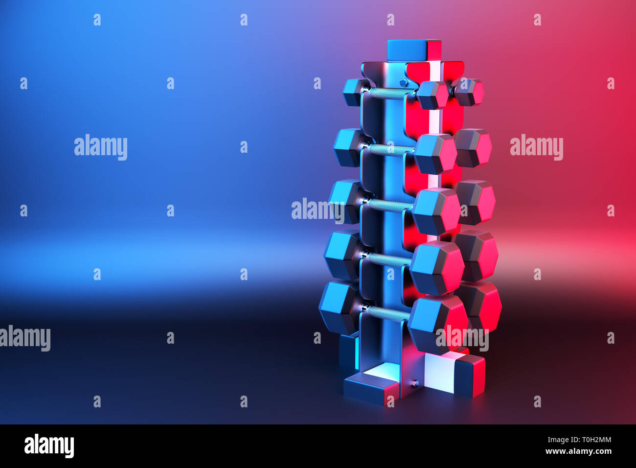 3D rendering. Set of isolated dumbbells for sport on a background ...