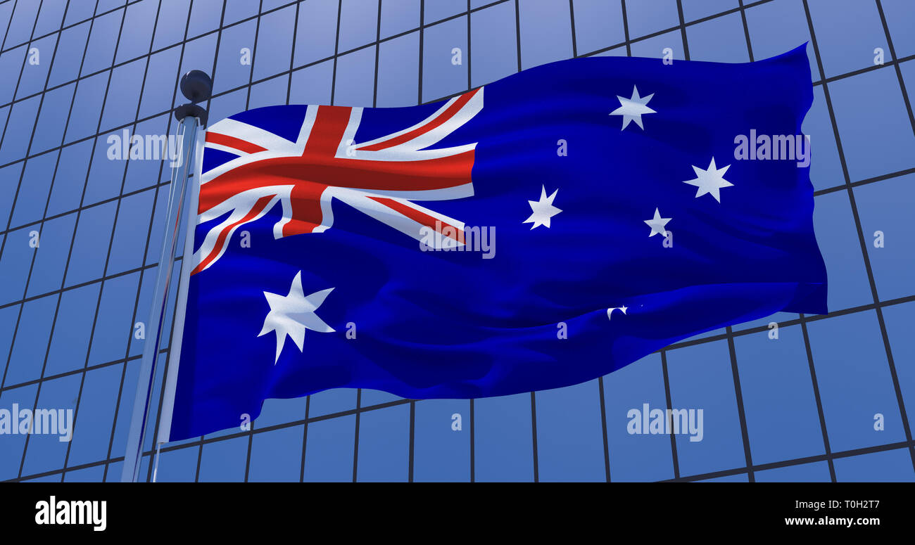 Flag of Australia on skyscraper building background. Business concept ...