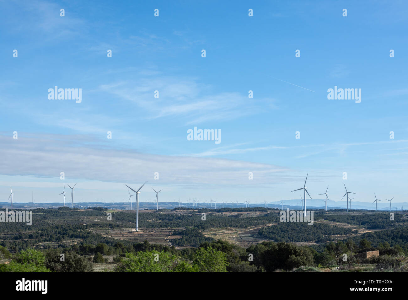 Full view of landscape with windmills Stock Photo - Alamy