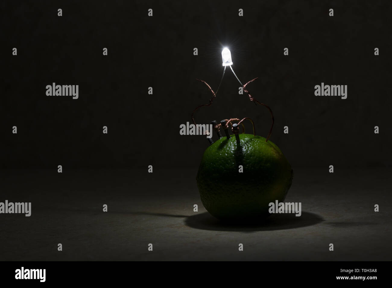 Citrus fruit, lemon, lime battery demonstrating an alternative organic ...