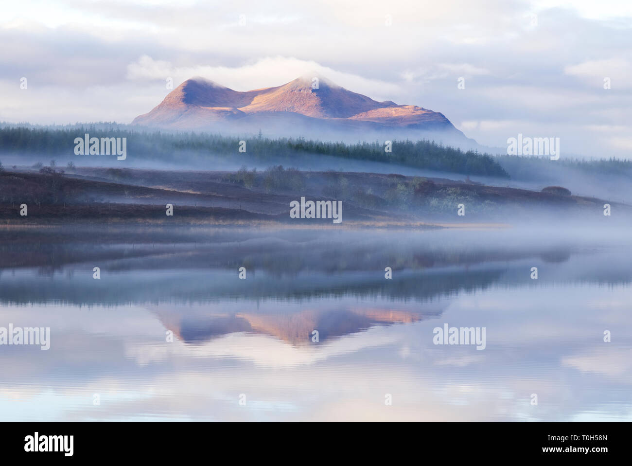 Misty Loch Borralan with Cul Mor mountain behind, Sutherland Stock ...