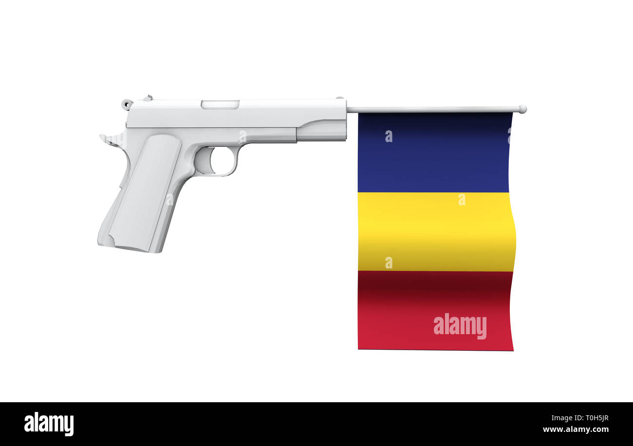 Romania gun control concept. Hand gun with national flag Stock Photo ...