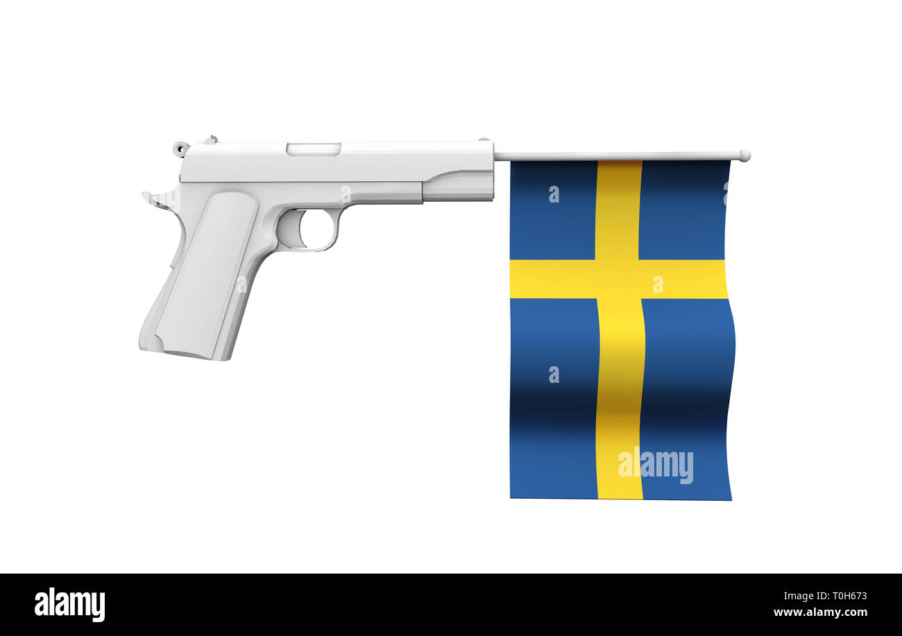 Sweden gun control concept. Hand gun with national flag Stock Photo - Alamy