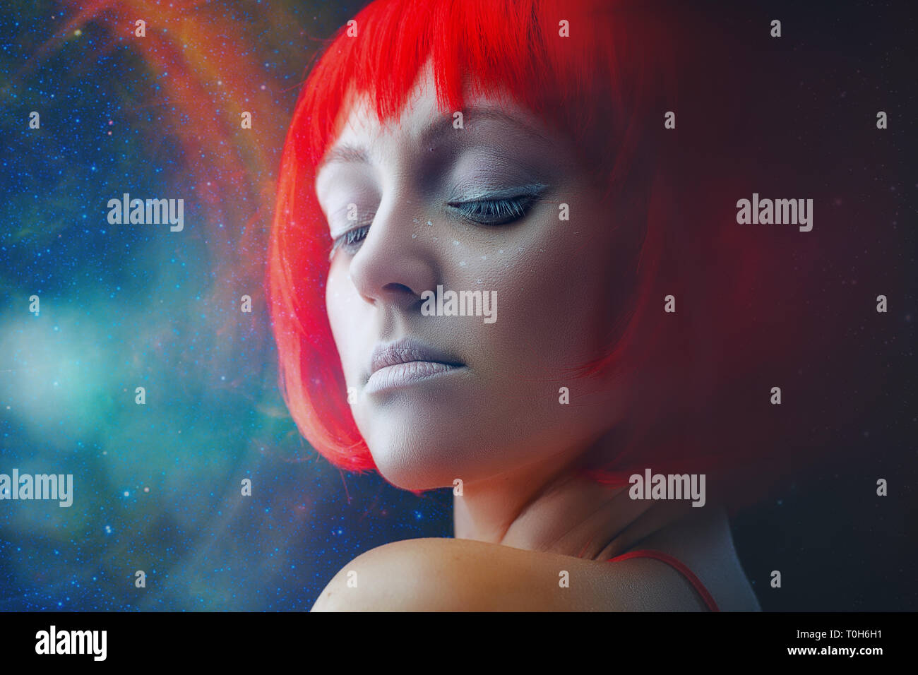 Deep space beauty, fantastic female portrait with universe as ...
