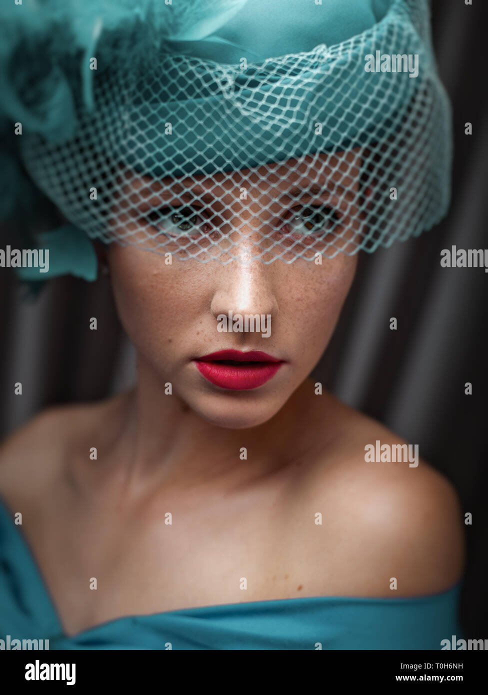 Female portrait behind the veil. Retro styled woman looking away Stock ...
